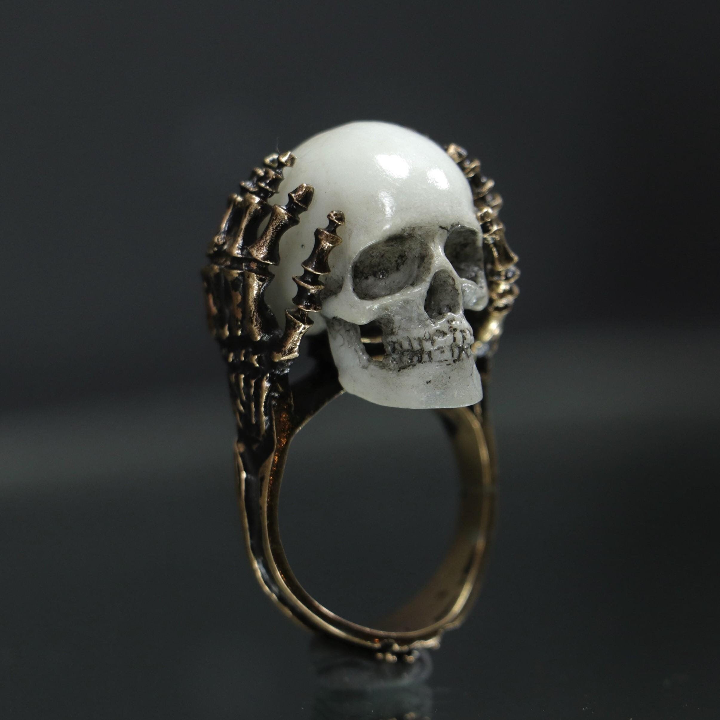 Marble & Bronze Skull Ring, Memento Mori Jewelry, Men Bronze Ring, Skull Jewelry, Bone Skull ...