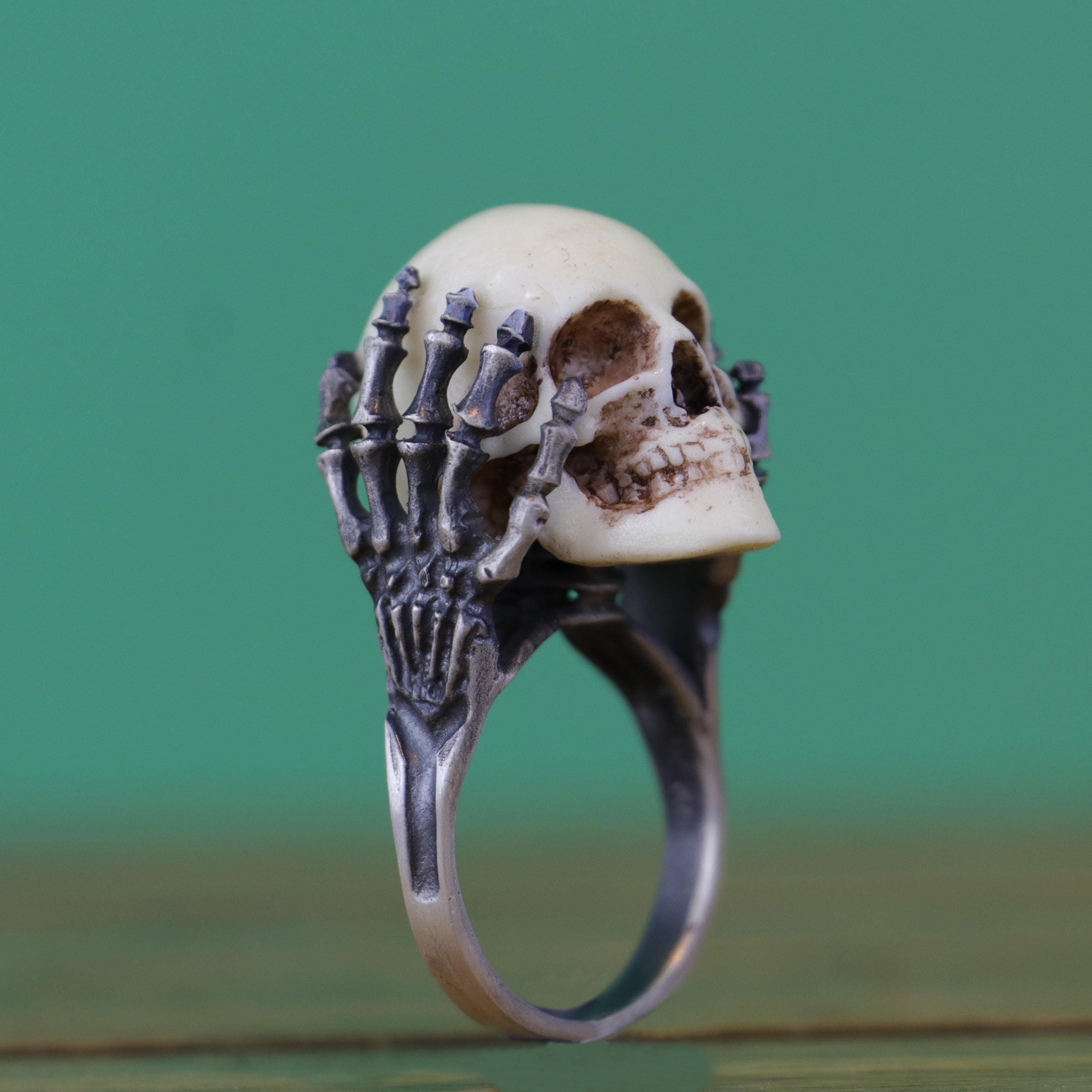 Marble & Bronze Skull Ring, Memento Mori Jewelry, Men Bronze Ring ...