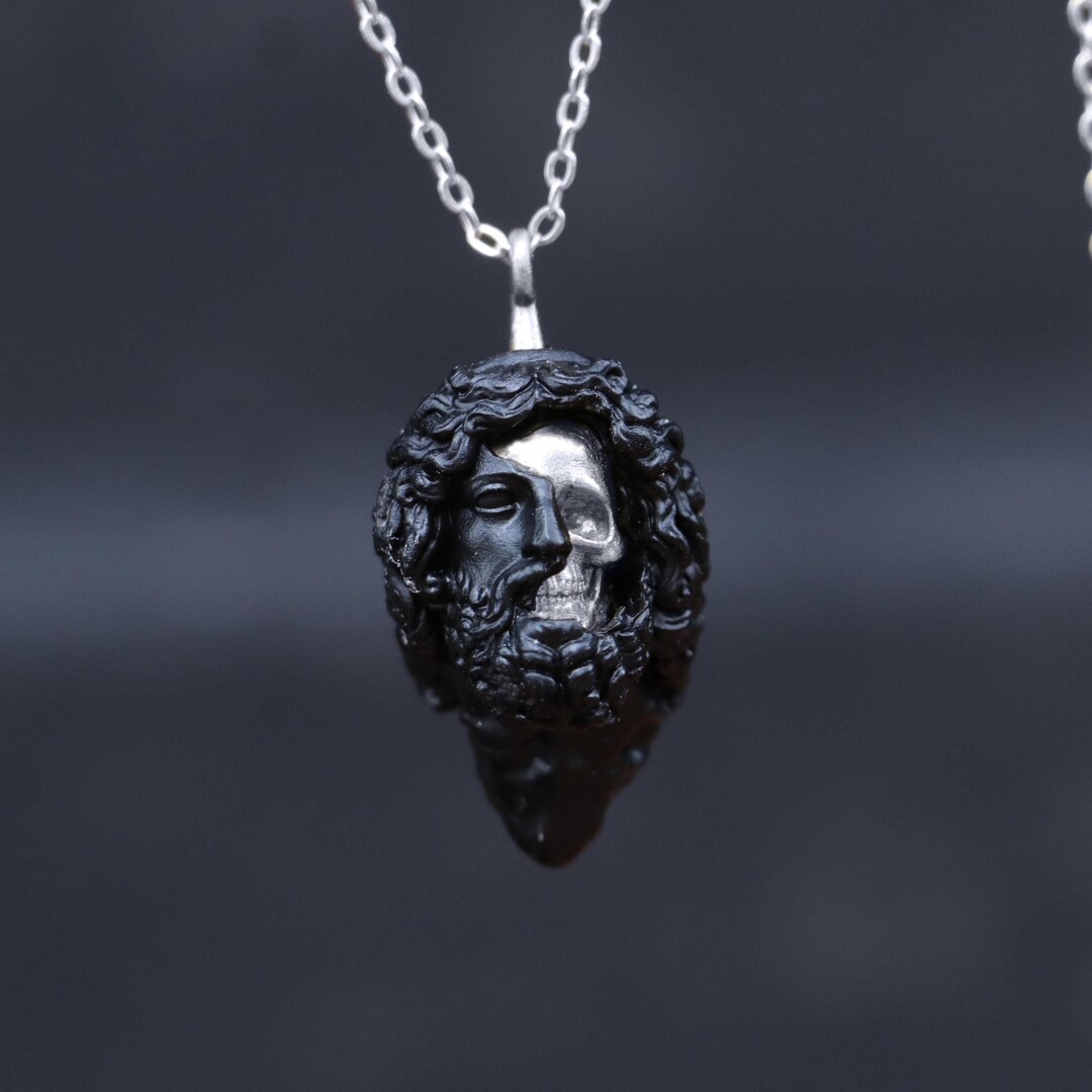 Black Marble Zeus Skull Pendant, 925 Silver Memento Mori Skull Necklace ...