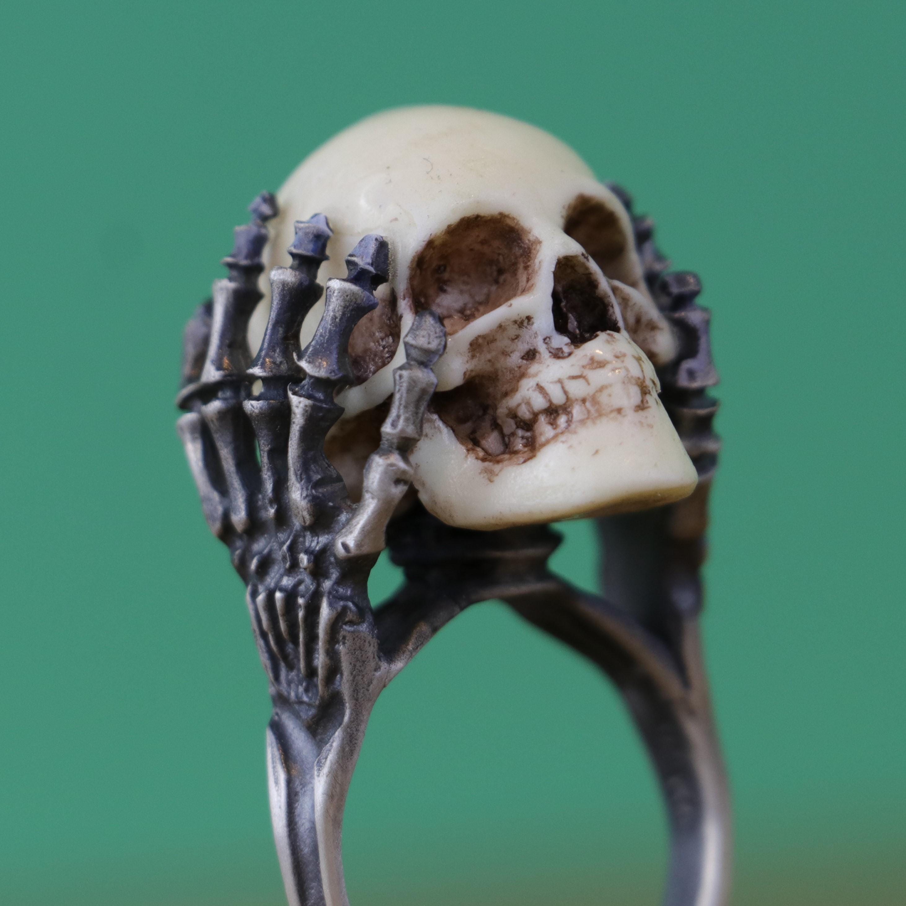 Marble & Bronze Skull Ring, Memento Mori Jewelry, Men Bronze Ring, Skull Jewelry, Bone Skull ...