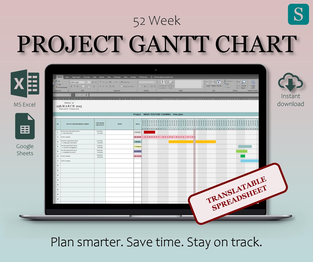 52-week Gantt Chart Spreadsheet | Project Timeline Planner | Excel ...