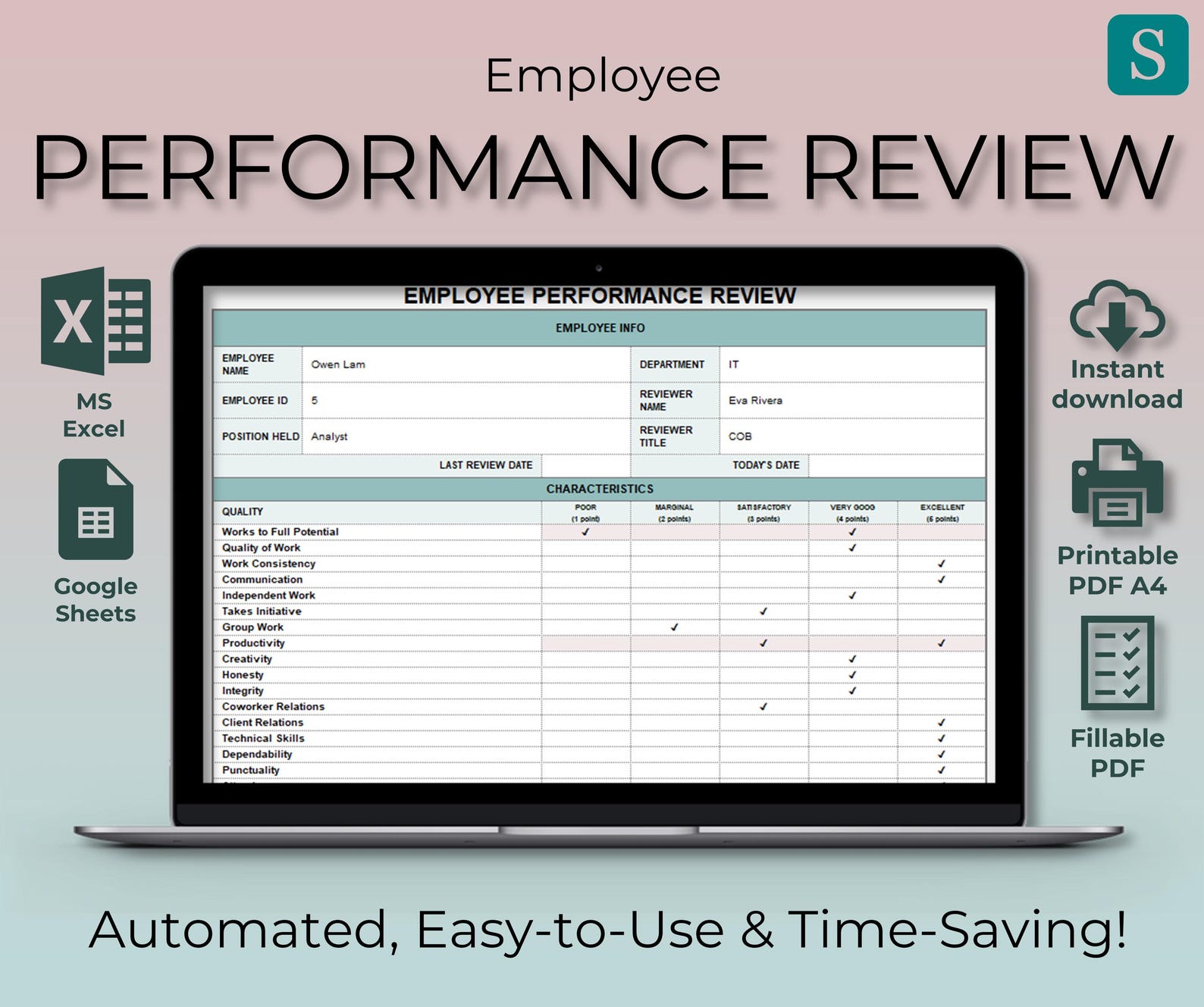Employee Performance Review Spreadsheet | Automated & Easy to Use ...