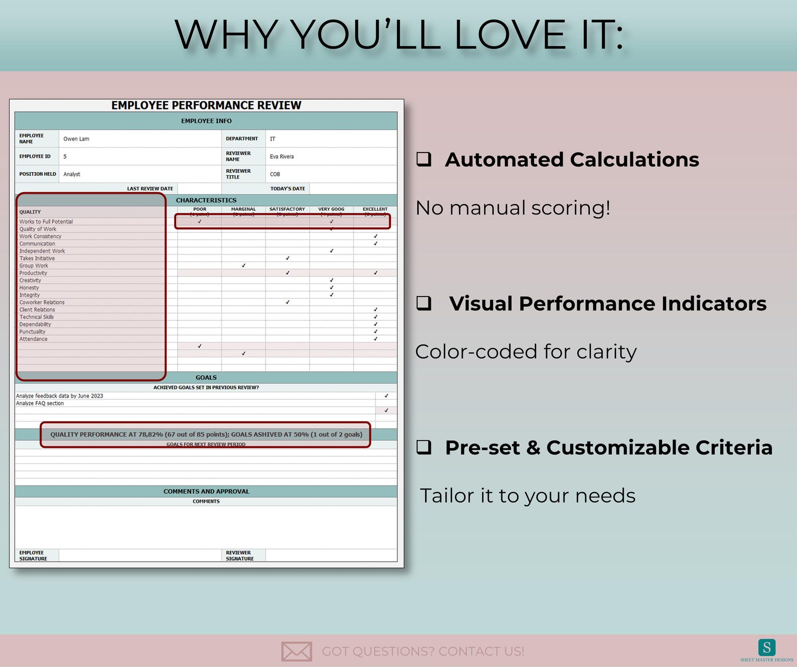 Employee Performance Review Spreadsheet | Automated & Easy to Use | Excel and Google Sheets ...