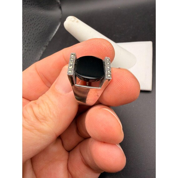 Art Deco style Floating Onyx Disk Ring - Sterling Sil… - Gem