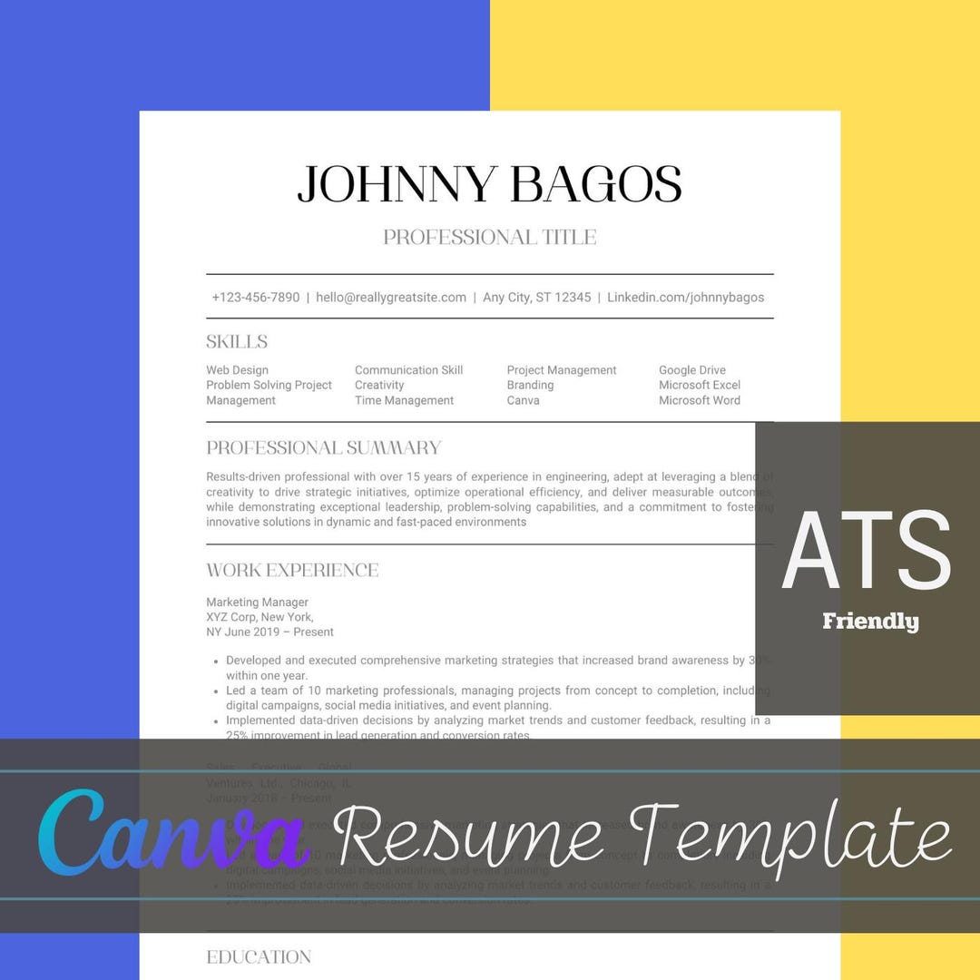 ATS Friendly Resume Template Canva, ATS Resume, ATS Cv Resume Template ...