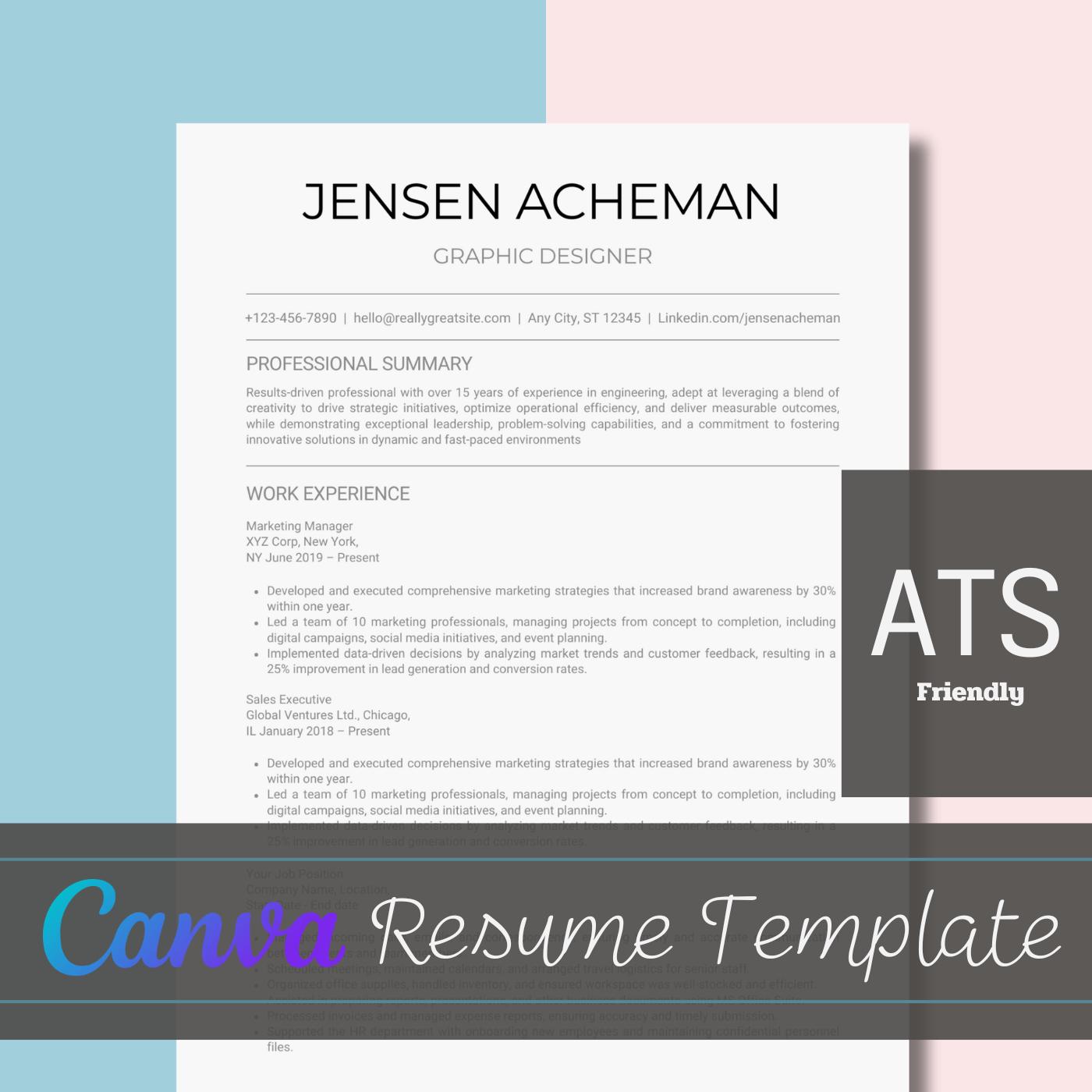 ATS Friendly Resume Template Canva, ATS Resume, ATS Cv Resume Template ...