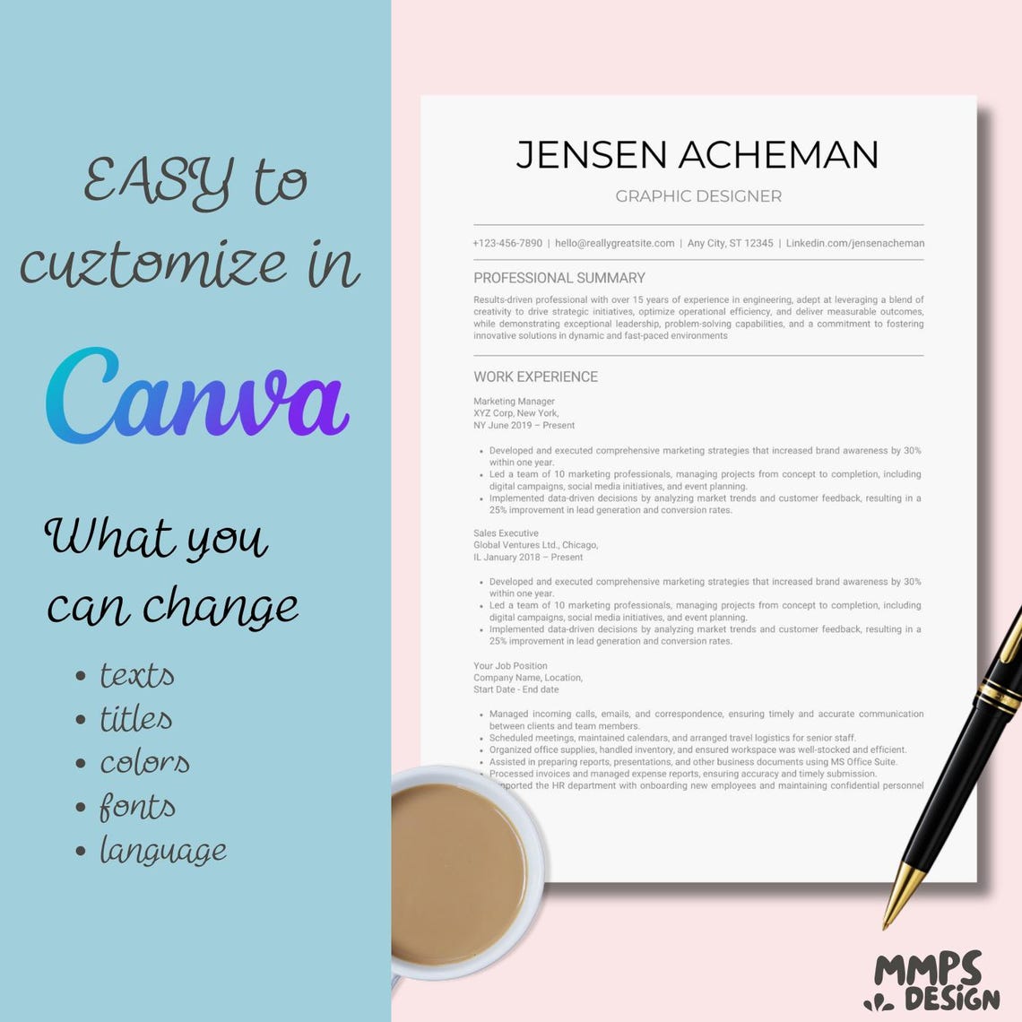 ATS Friendly Resume Template Canva, ATS Resume, ATS Cv Resume Template ...