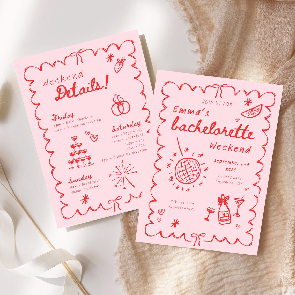 Bachelorette Weekend Invitation and Itinerary, Hand Drawn, Pink ...