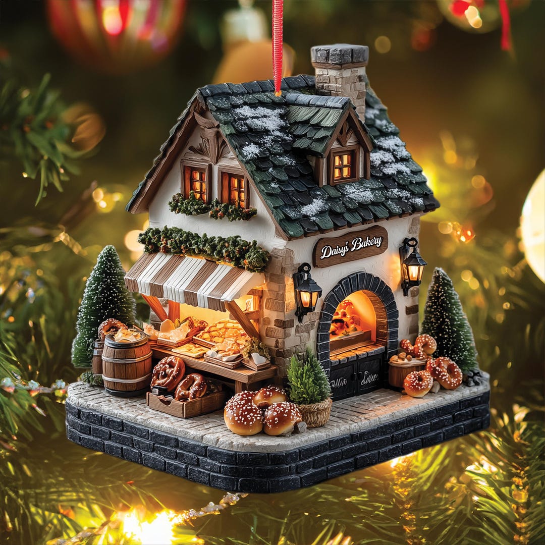 Pretzel Bakery House Christmas Ornament, Lighted Patisserie Cottage ...