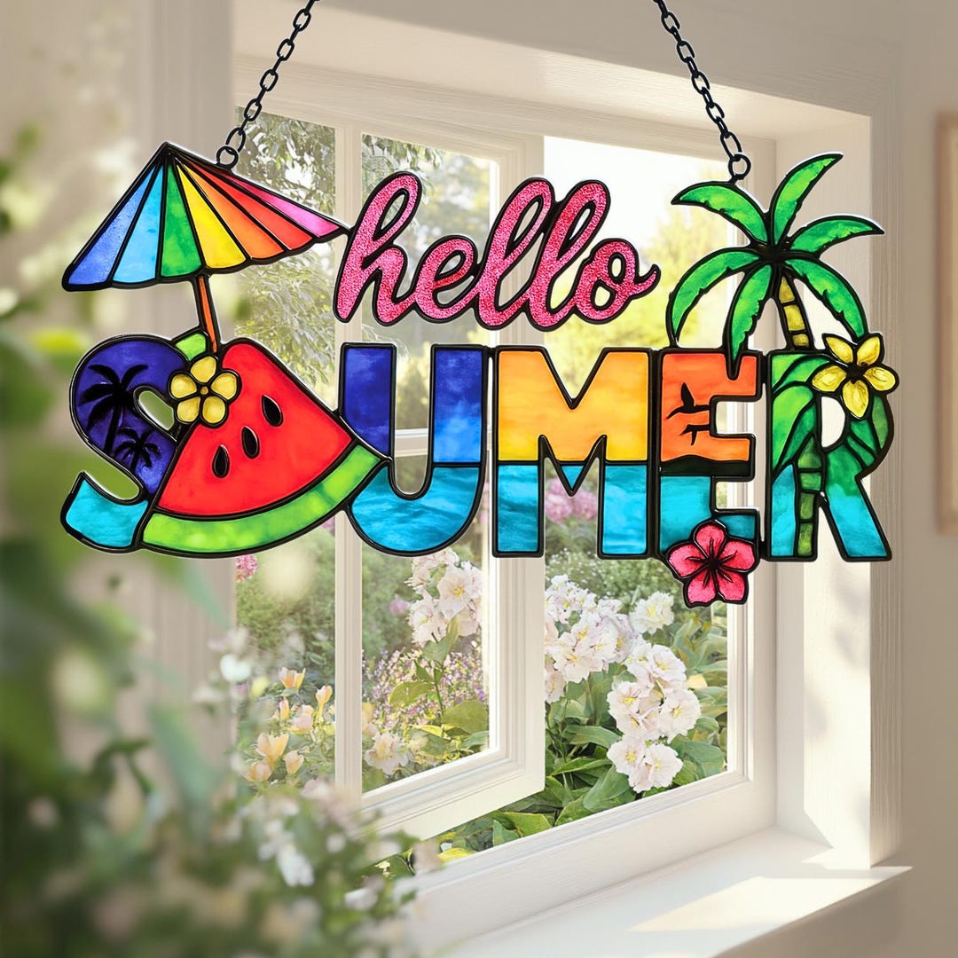 Hello Summer Acrylic Suncatcher – Faux Stained Glass Window Hanging ...