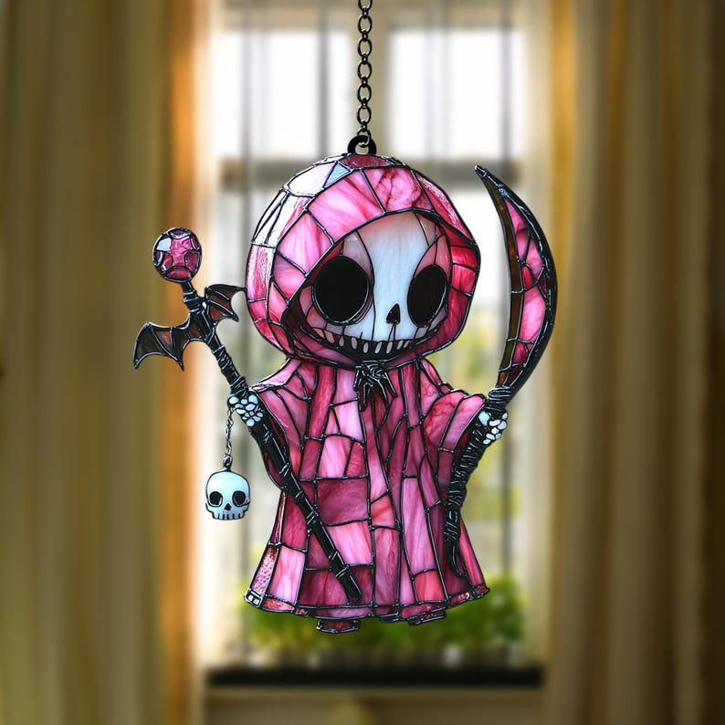 Kawaii Pink Grim Reaper Suncatcher – Faux Stained Glass Halloween Decor ...