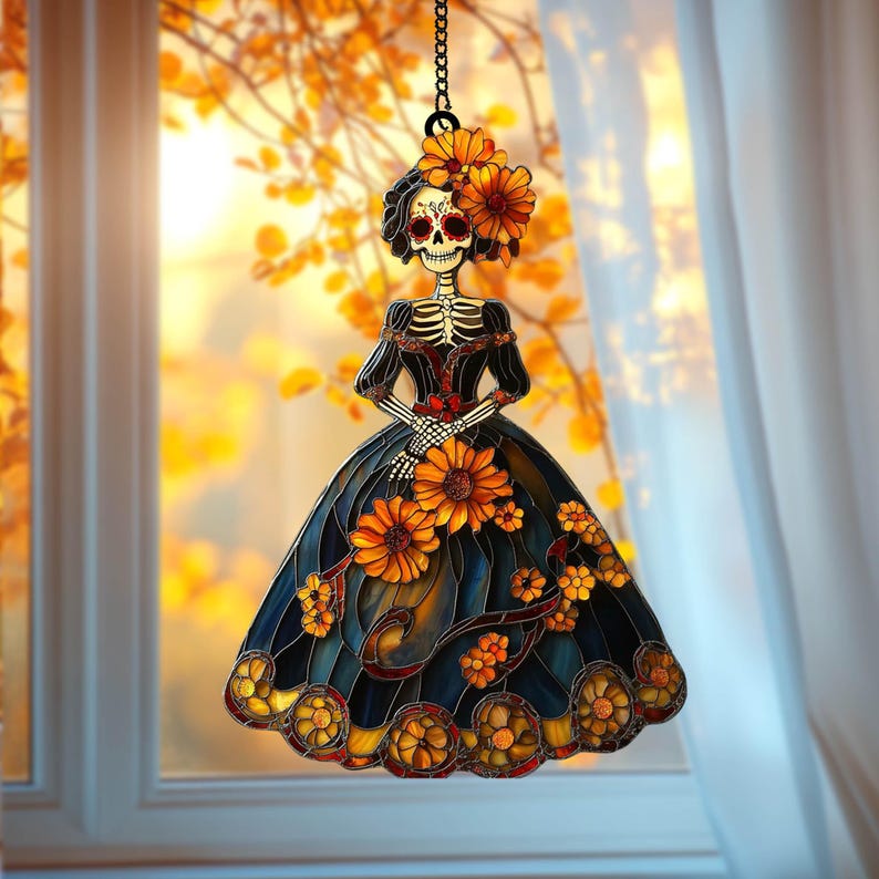 Day of the Dead Acrylic 2D FLAT Suncatcher –floral Skeleton Faux ...