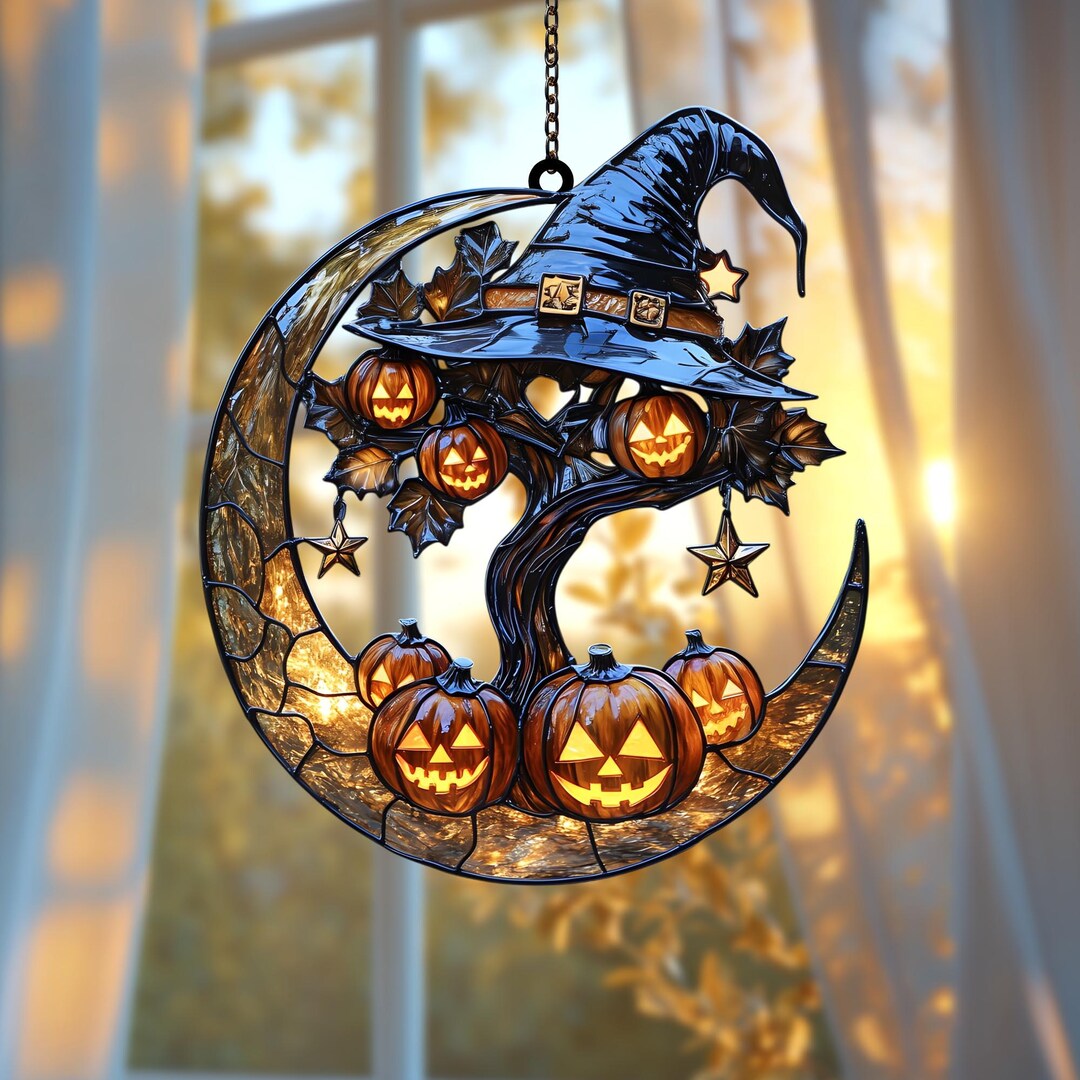 Jack O Lantern Moon Halloween Acrylic Suncatcher - Faux Stained Glass ...
