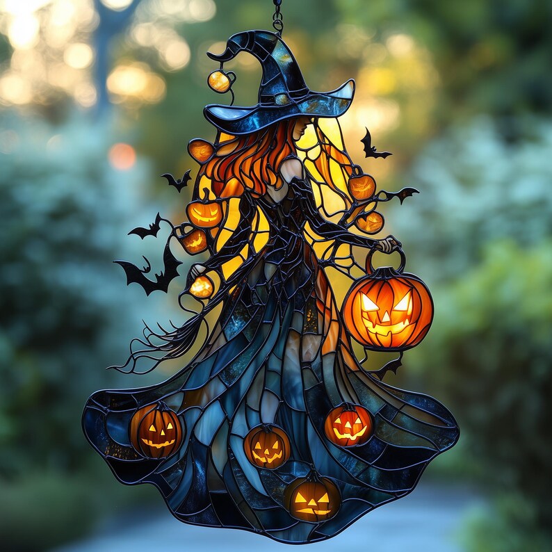 Halloween Witch Acrylic Window Hanging Faux Stained Glass Suncatcher ...