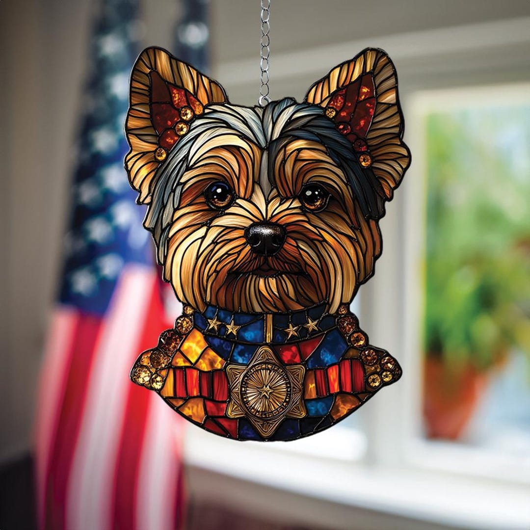 Yorkshire Terrier Patriotic Faux Stained Glass Suncatcher, Yorkie Dog ...
