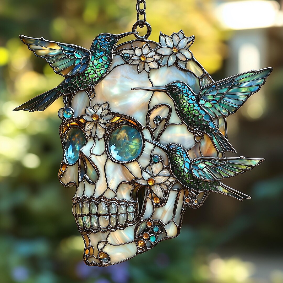 Hummingbird Skull Acrylic Window Hanging Faux Stained Glass Suncatcher ...