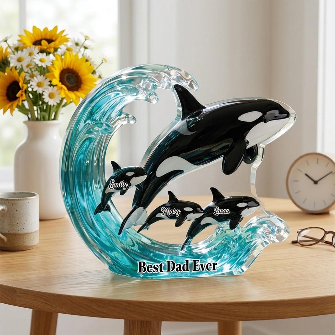 Personalized Orca Family Wave Sculpture, Custom Acrylic Block, Ocean ...