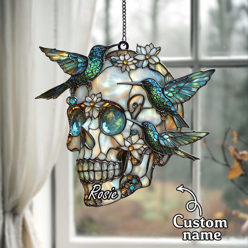 Hummingbird Skull Acrylic Window Hanging Faux Stained Glass/ Resin ...