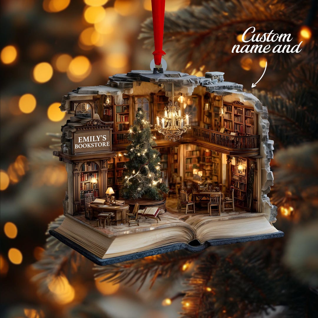 Custom Book Nook Christmas Ornament, 2D Flat Library Bookstore Scene ...