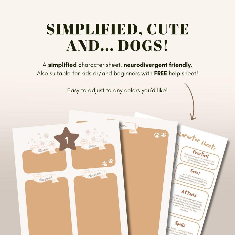 Dnd Character Sheet Dog Themed Customisable Beginner Kids ...