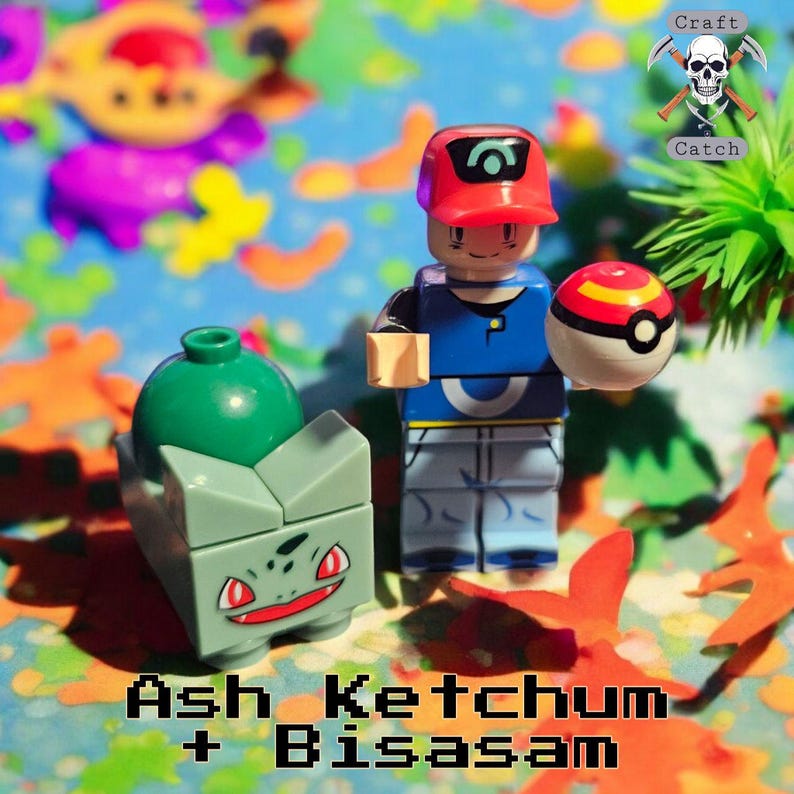 Pokemon Ash Ketchum and Bulbasaur Custom Art Building Minifigures Moc ...