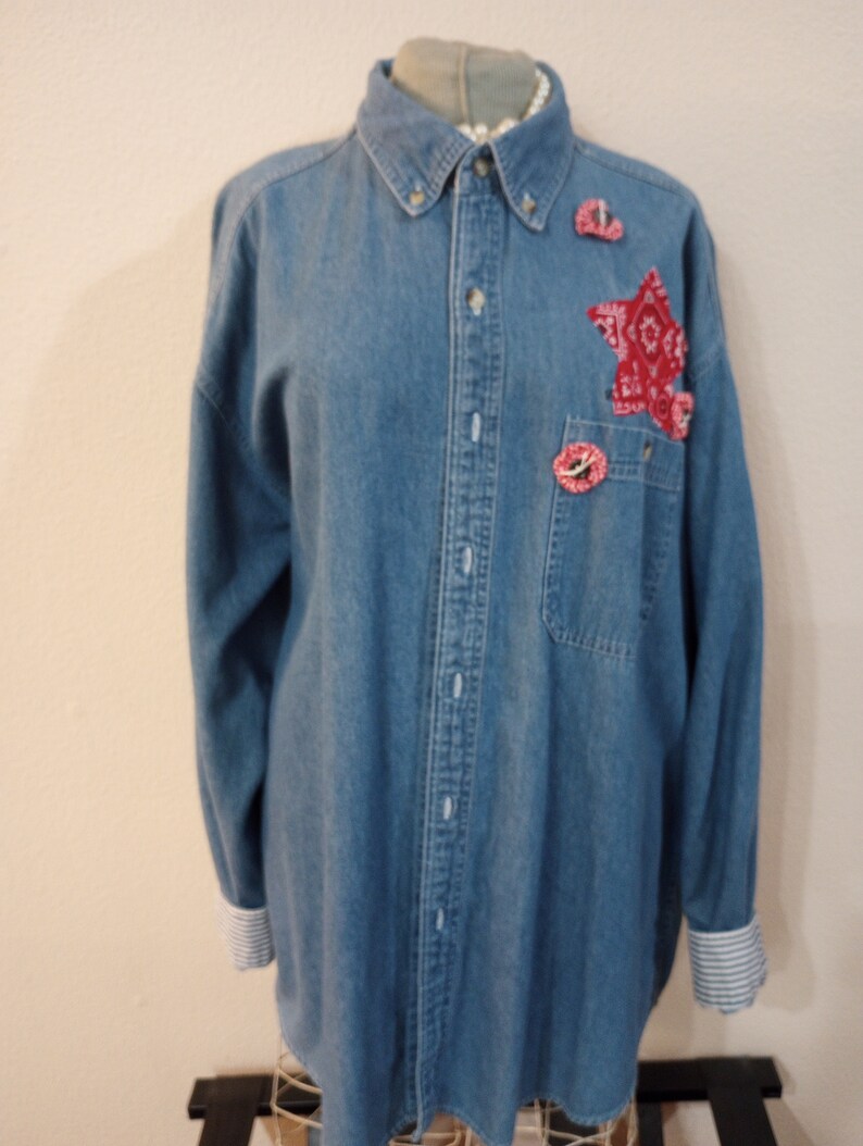 Recycled Denim Shirt Embellished Vintage Crochet Handmade Original ...