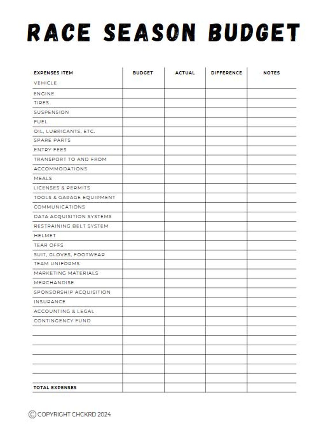 Racing Budget Tracker - Digital Download - Printable Motorsports ...