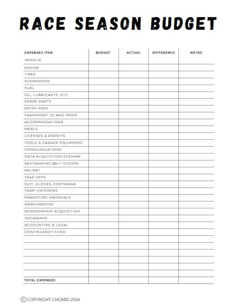Racing Budget Tracker - Digital Download - Printable Motorsports ...