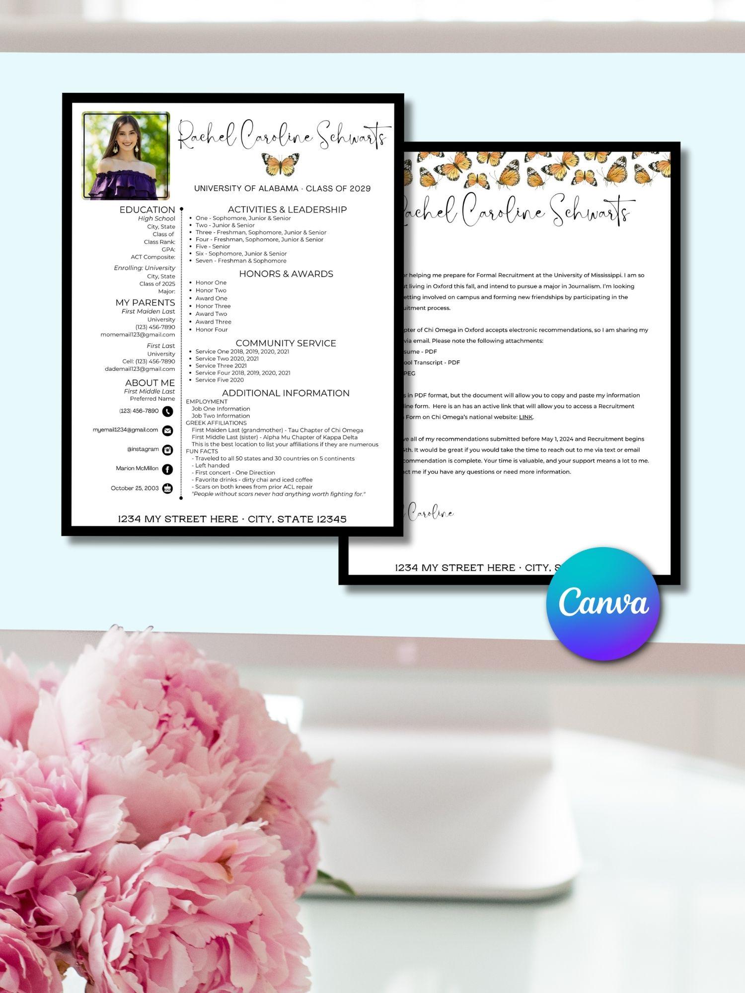 R.1 Rachel Caroline Sorority Resume Template | CANVA - Etsy