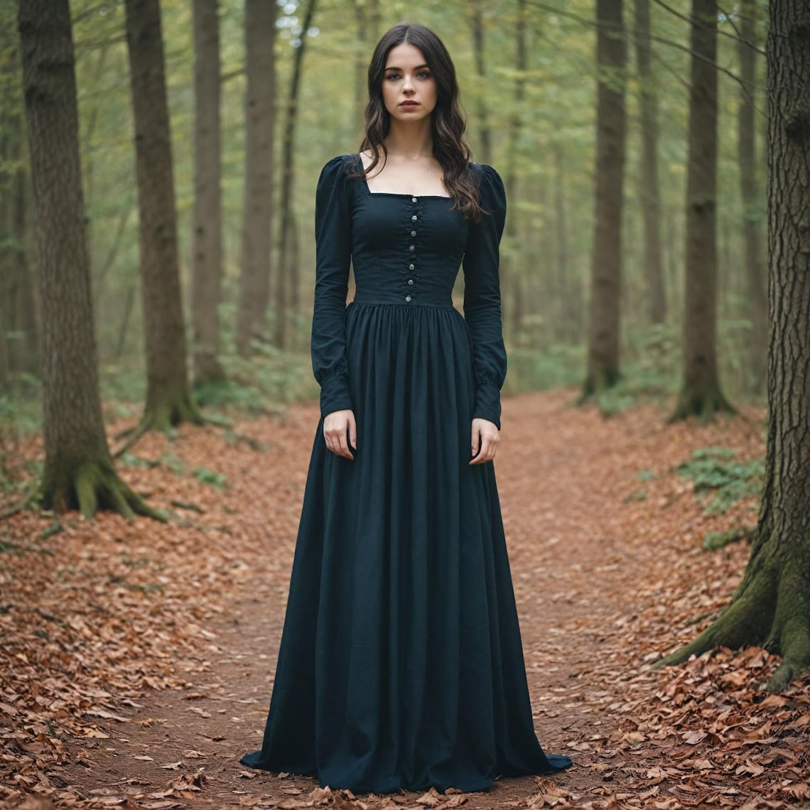 Women Black Gothic Medieval Gown Renaissance Square Neck Dress Viking ...