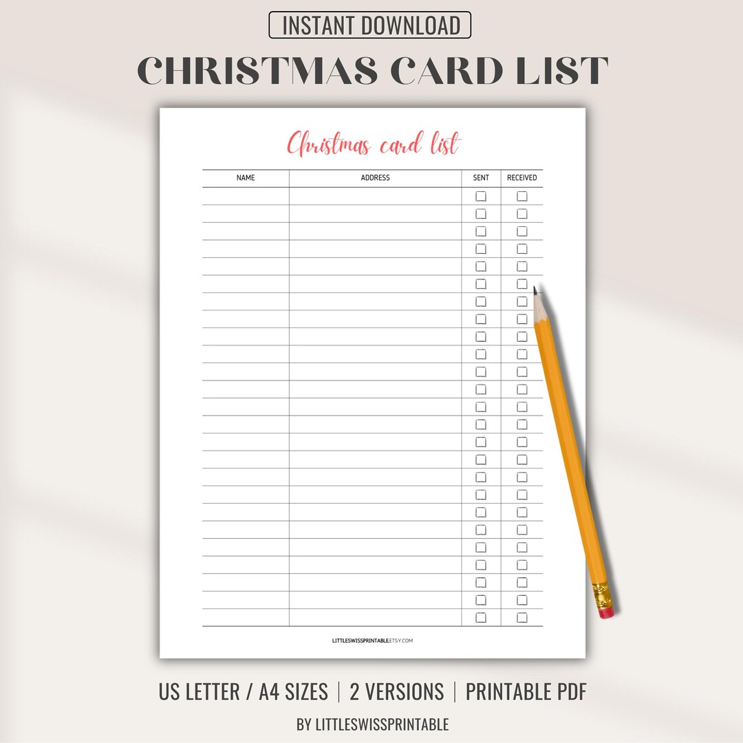Christmas Card List Printable, Instant Download Pdf, Holiday Card ...