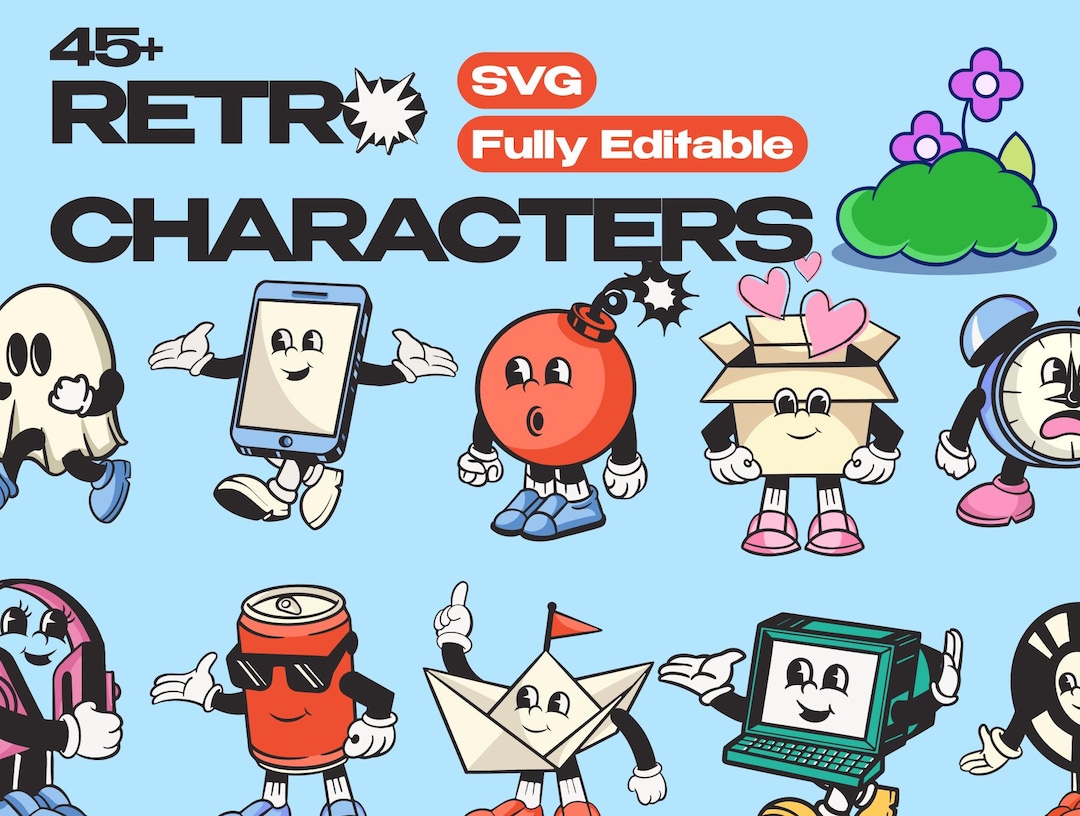 RETRO CHARACTERS SVG 45 Artwork Illustrations for T-shirts, Merchandise ...