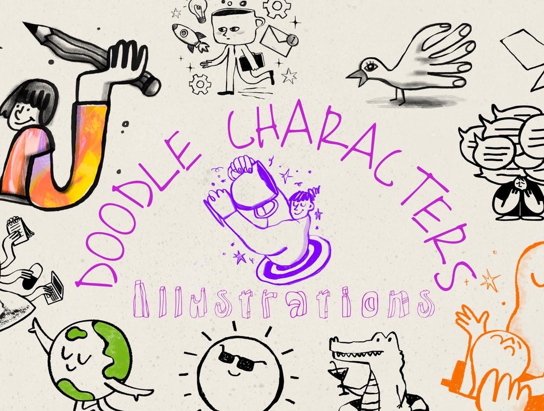 DOODLE CHARACTERS PNG 100 Bundle Artwork Illustrations for T-shirts ...