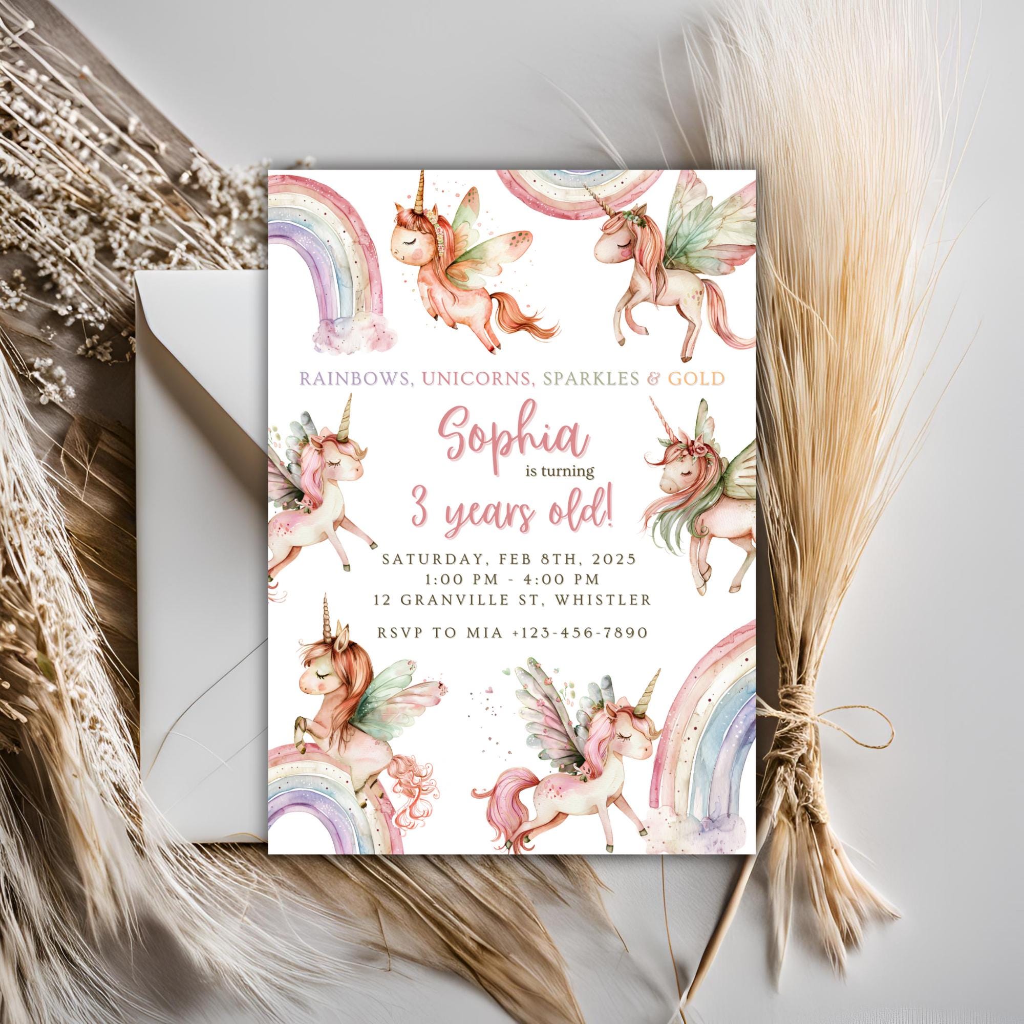 EDITABLE Unicorn Birthday Invitation, Pastel Rainbow Party Invite ...