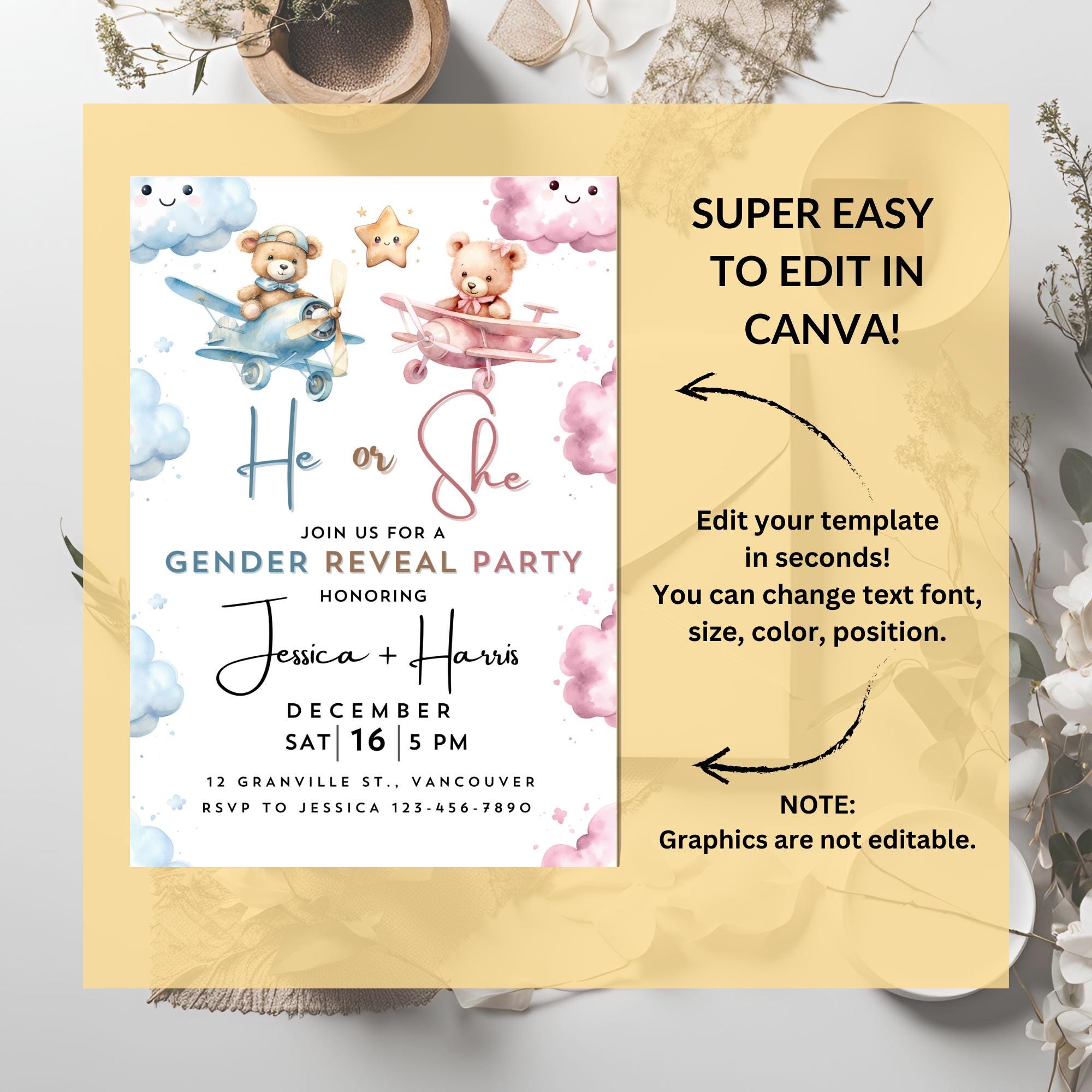 EDITABLE Teddy Bears Gender Reveal Invitation, He or She Party Invite ...