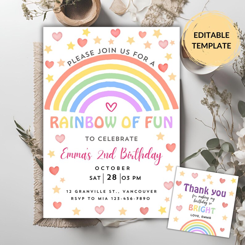 Editable Rainbow Birthday Invitation, Girls Rainbow Party, Rainbow of ...