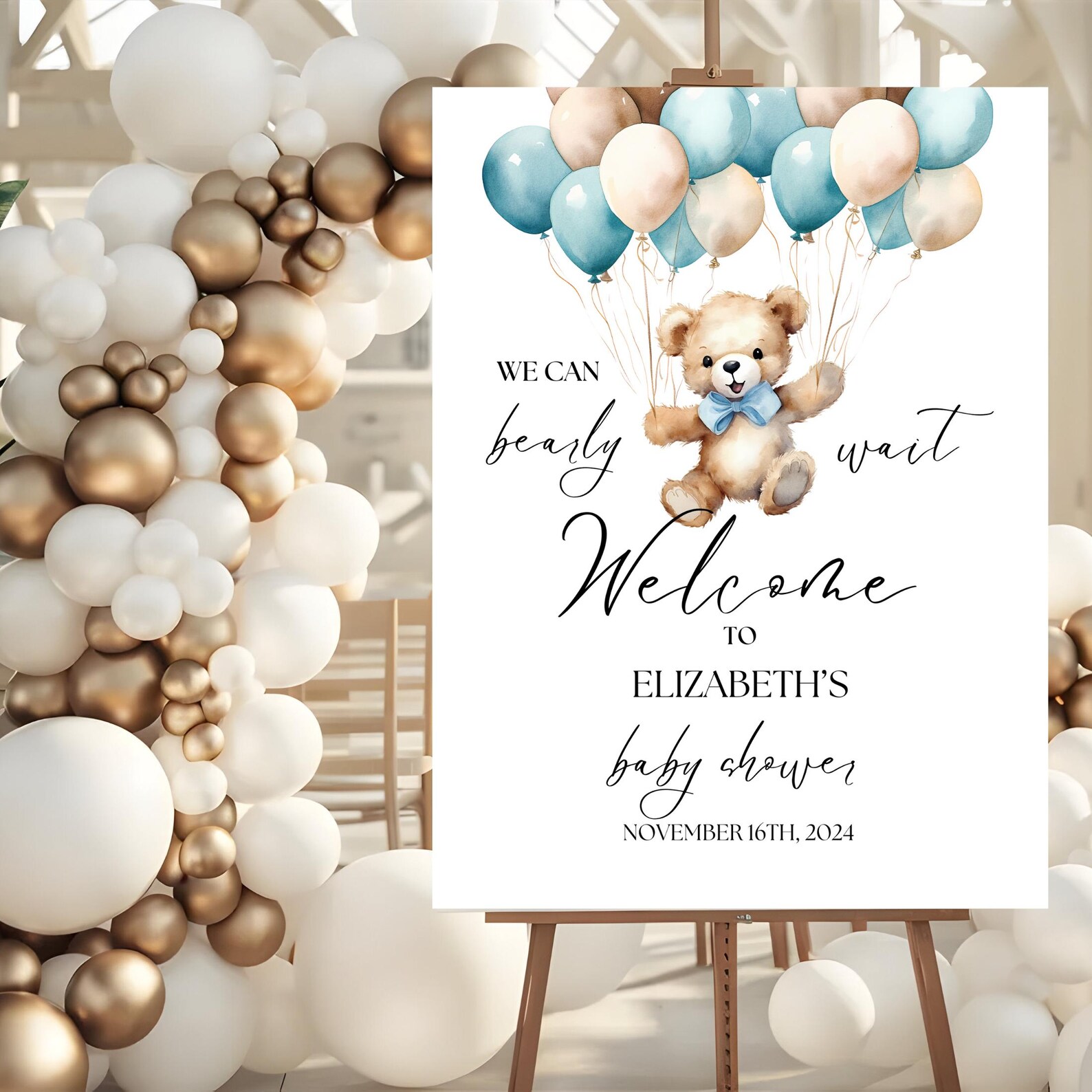 EDITABLE Teddy Bear Baby Shower Welcome Sign, Blue Bear Baby Shower ...