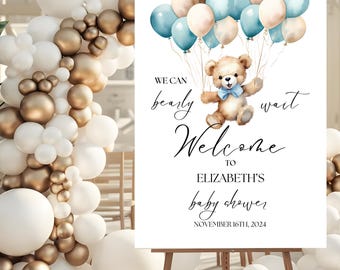 Editable Teddy Bear Baby Shower Welcome Sign, Blue Teddy Bear Baby ...