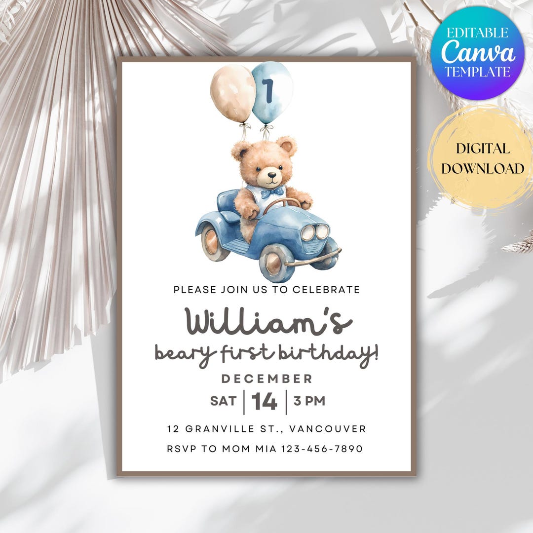 EDITABLE Teddy Bear First Birthday Invitation, Beary First Birthday ...