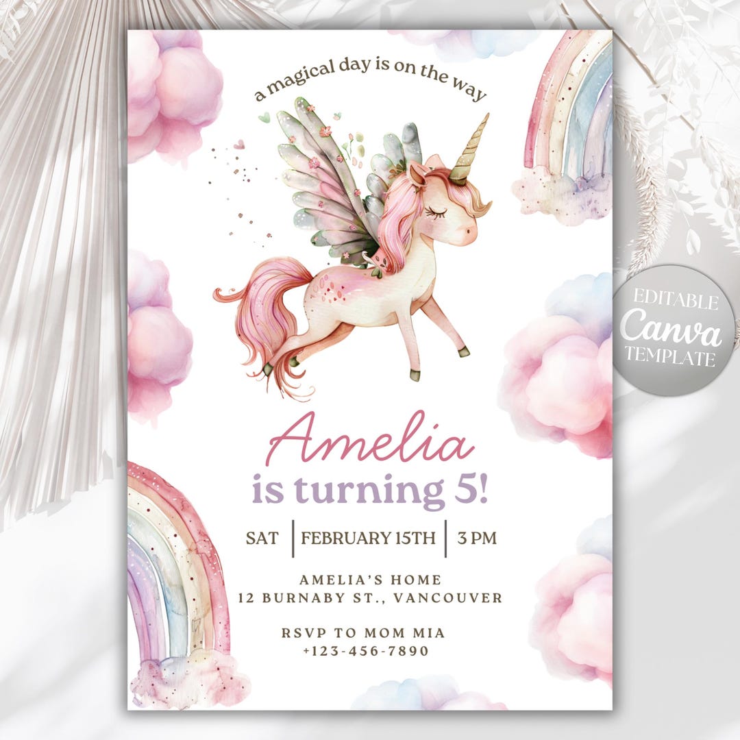 EDITABLE Unicorn Birthday Invitation, Pastel Rainbow Party Invite ...