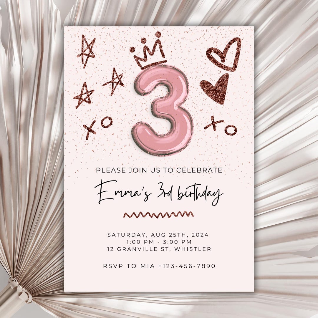 Editable Girl 3rd Birthday Invitation, Pink Glitter Princess Third ...