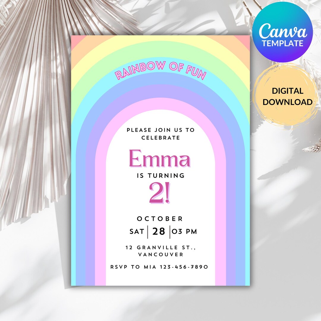 Editable Rainbow Birthday Invitation, Rainbow of Fun Birthday Digital ...