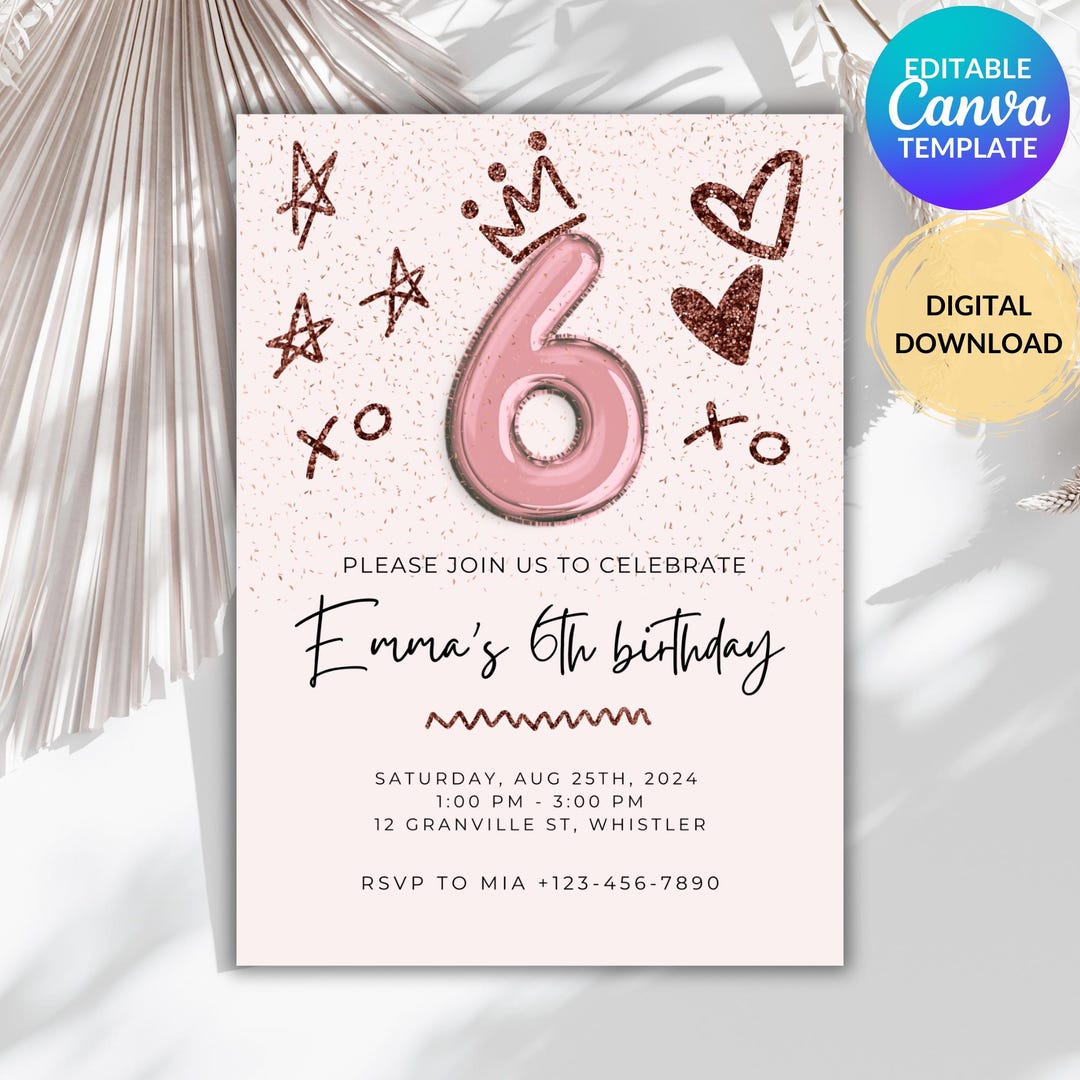 Editable Girl Sixth Birthday Invitation, Pink 6th Birthday Invite ...