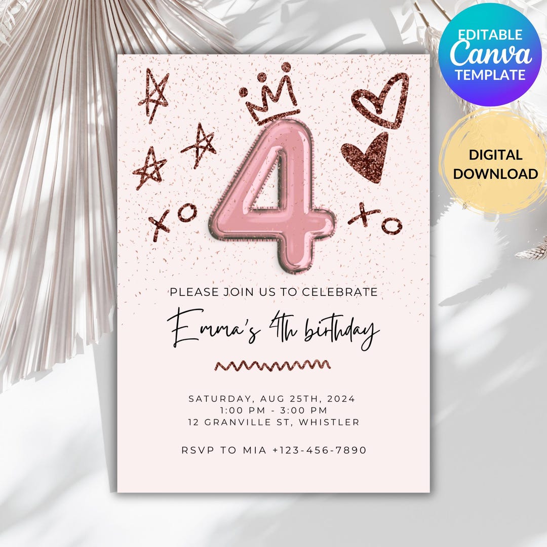 Editable 4th Birthday Invitation Template, Princess Fourth Birthday ...
