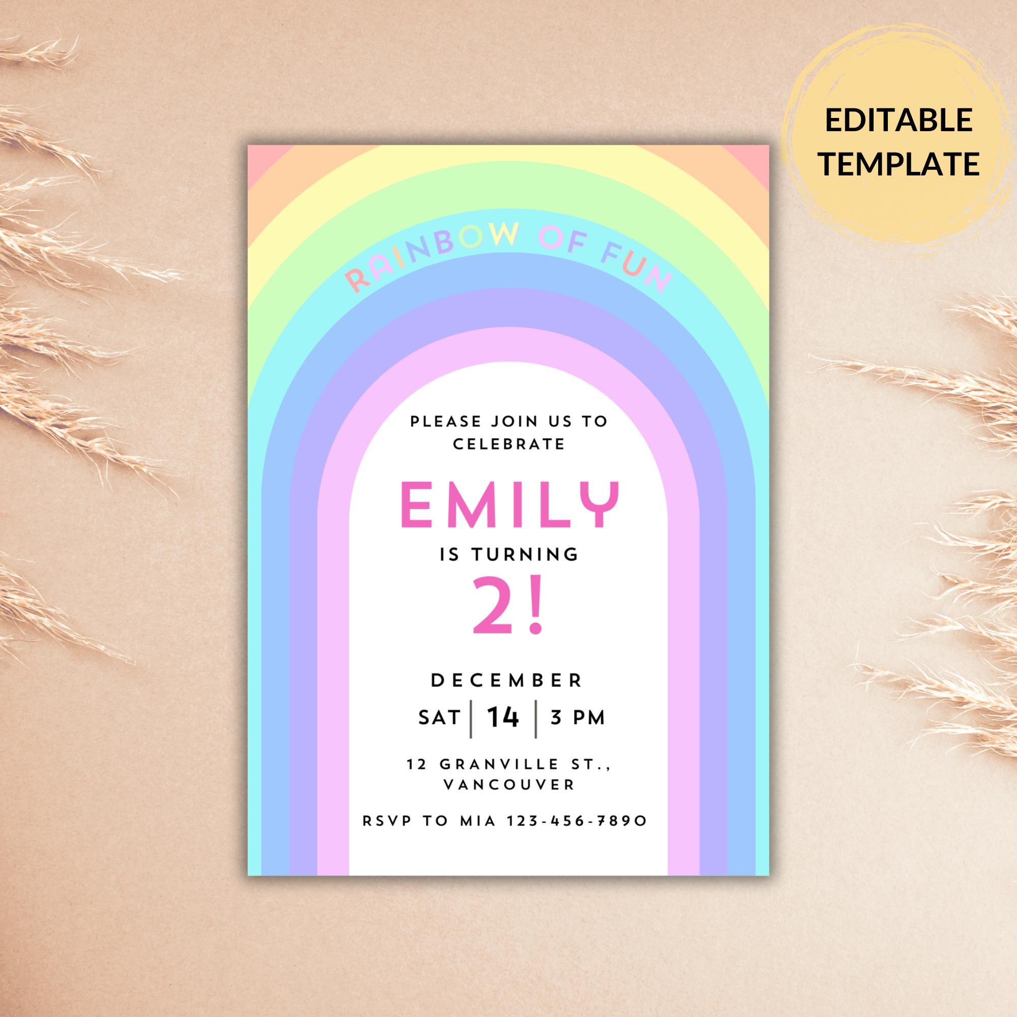 EDITABLE Rainbow Birthday Invitation, Rainbow of Fun Birthday Invite ...