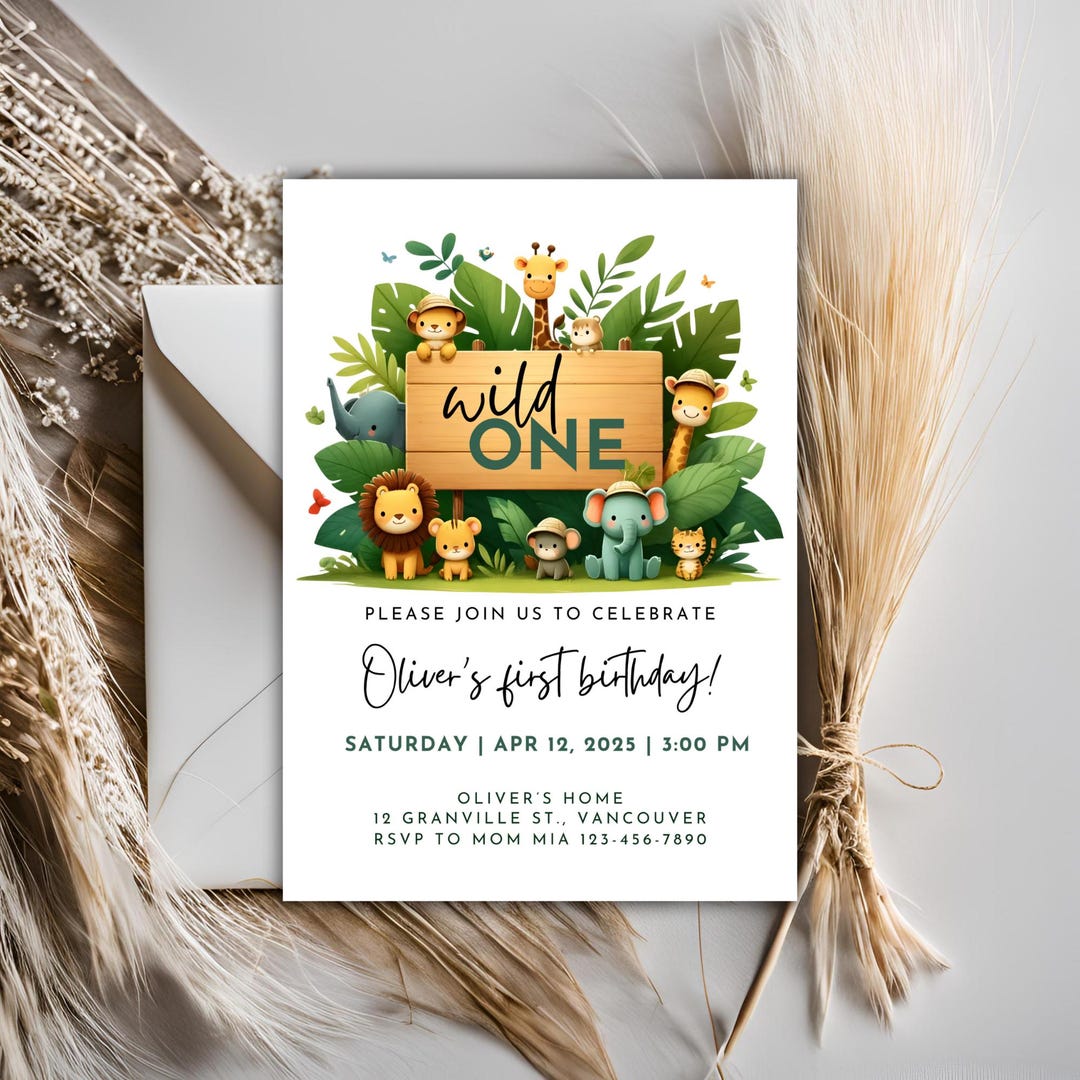 Safari 1st Birthday Invitation: Wild One Animals (editable Canva ...