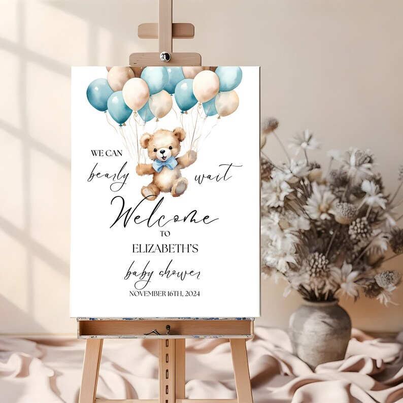 EDITABLE Teddy Bear Baby Shower Welcome Sign, Blue Bear Baby Shower ...