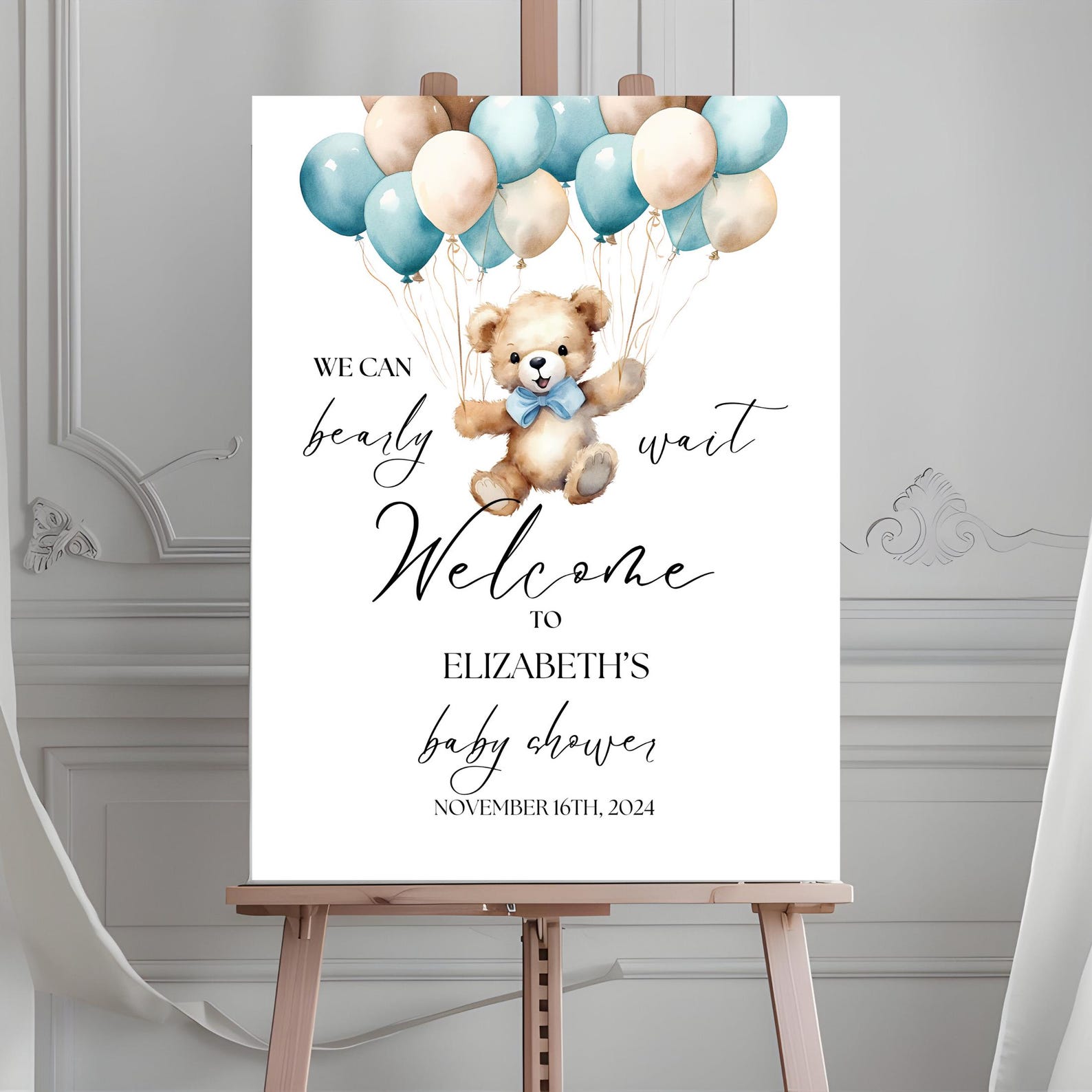 EDITABLE Teddy Bear Baby Shower Welcome Sign, Blue Bear Baby Shower ...