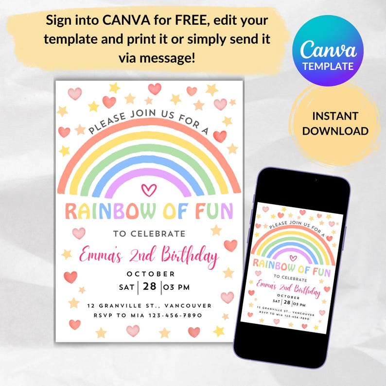 Editable Rainbow Birthday Invitation, Girls Rainbow Party, Rainbow of ...
