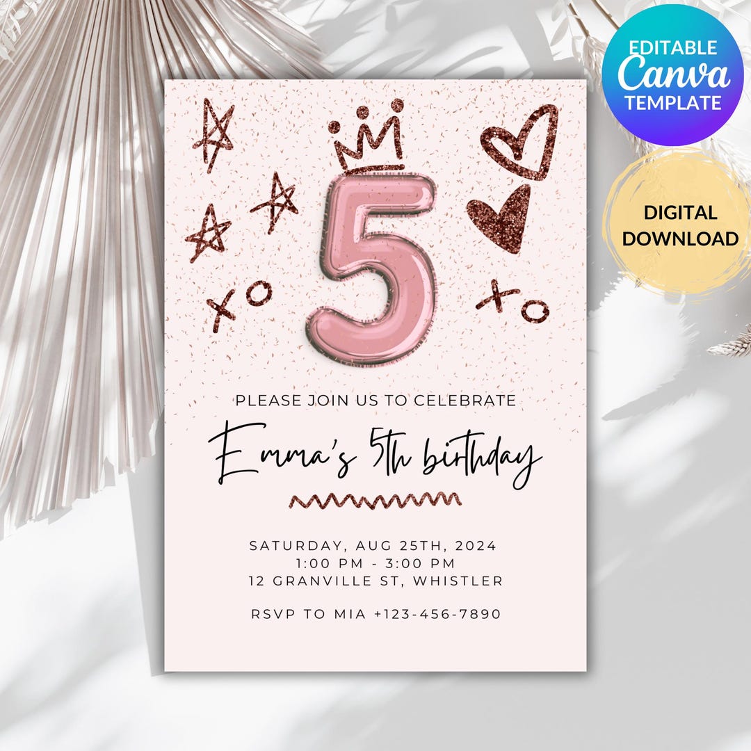 EDITABLE Girl Fifth Birthday Invitation, Pink 5th Birthday Invite ...